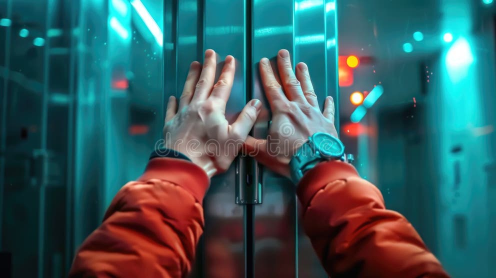 Hands Pushing Elevator Doors in Neon Light with Red Jacket and Stylish ...