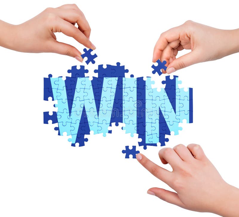 Hands With Puzzle Making WIN Word Stock Photo - Image of assemble, high ...