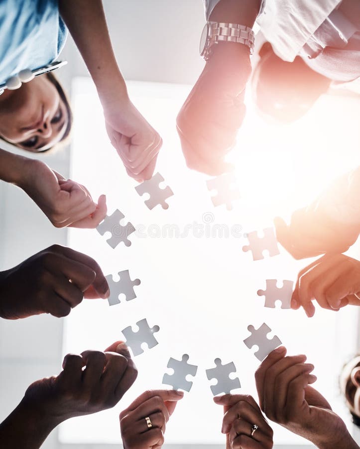 Hands, Puzzle Piece and Teamwork with People in Huddle Together for ...