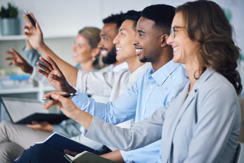 Hands, Question and Training with a Team of Business People in a ...