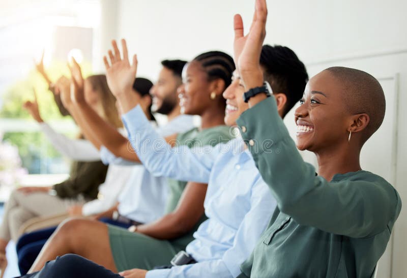 Hands, Question and Workshop with a Team of Business People Ready To ...