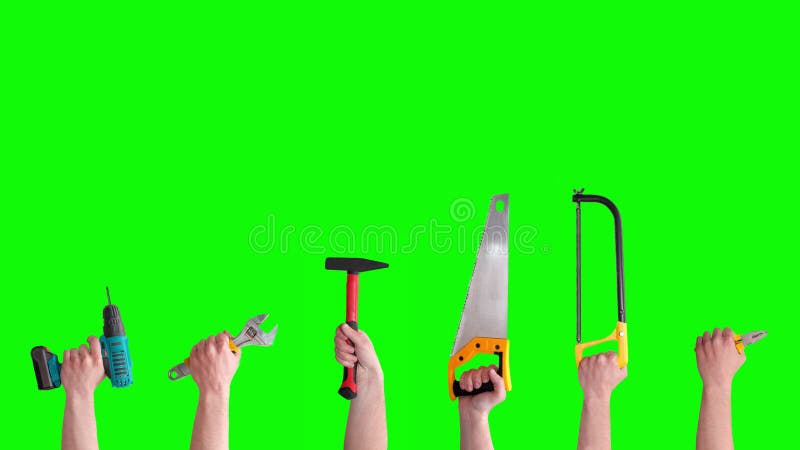 Hands Raise Different Instruments, Tools Isolated on Green Screen ...