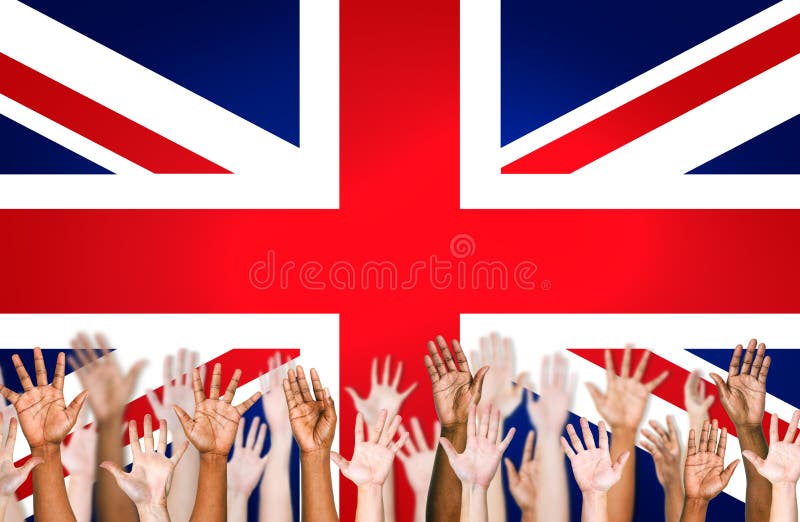 Hands Raised with British Flag As a Background Stock Image - Image of ...