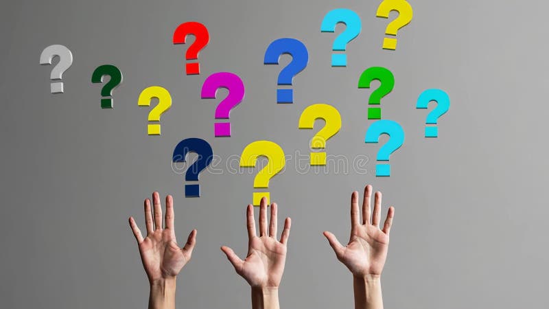 Hands Raised with Colorful Question Marks on Gray Background Stock ...