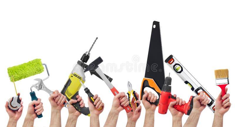 Hands holding tools stock photo. Image of hammer, drill - 110079612