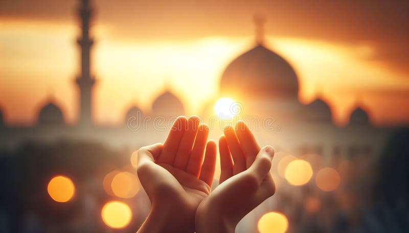 Hands Raised in Prayer at Sunset before a Mosque Stock Illustration - Illustration of peace ...