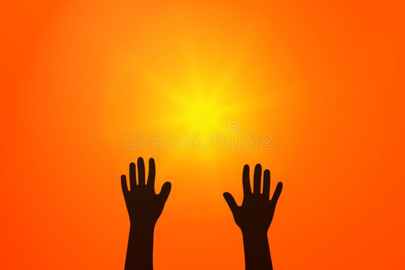 Hands Raised To the Sky. Yellow Sun in the Red Sky Stock Image - Image ...