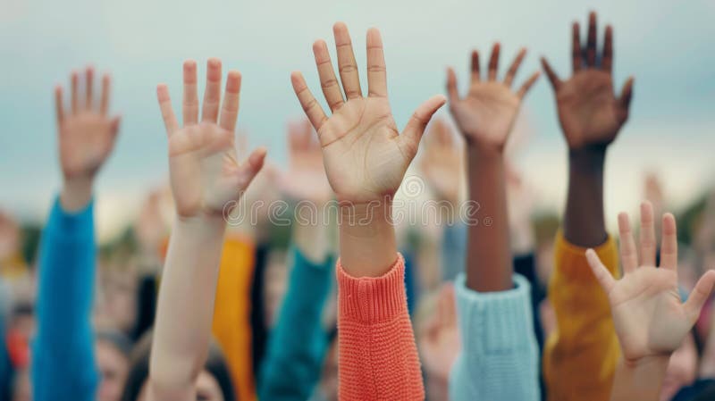 Hands Raised in Unity at a Community Gathering during Spring Afternoon ...