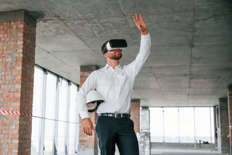 Hands Raised Up. Man in Formal Clothes is Playing VR Game in the ...