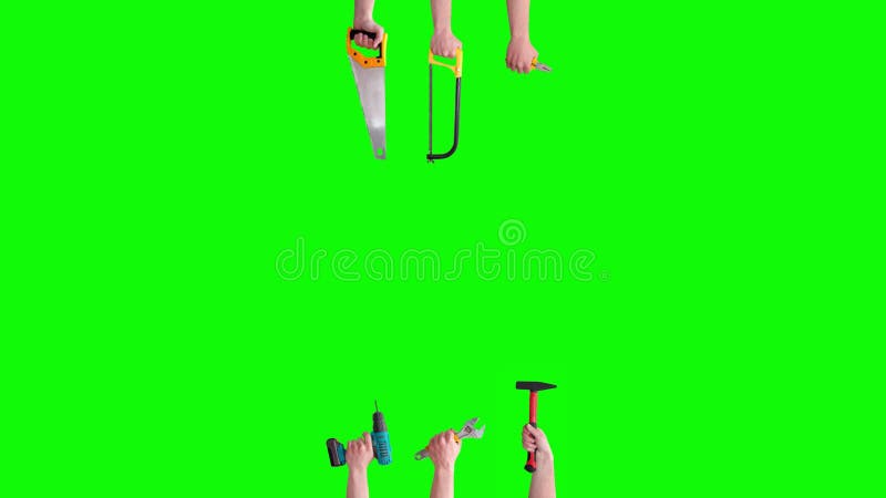 Hands Raises Different Instruments, Tools Isolated on Green Screen ...
