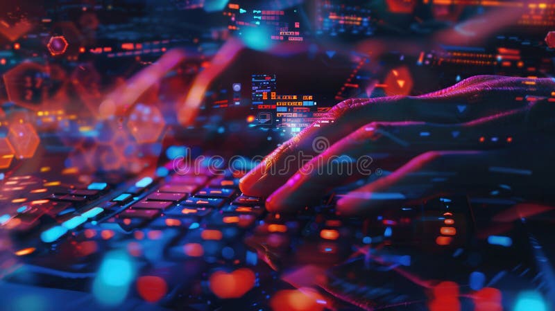 Hands Rapidly Type on a Keyboard, Surrounded by Vibrant Digital Symbols ...