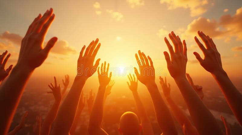 Hands Reach Toward Glowing Sunset Symbolizing Unity and Hope Stock ...
