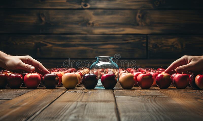 Hands Reaching for Apples on Wooden Table Stock Image - Image of ...