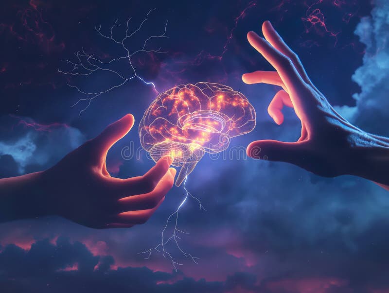 Hands Reaching for Glowing Brain with Lightning Stock Image - Image of ...
