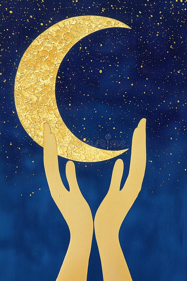 Hands Reaching for Golden Crescent Moon Against Starry Night Sky Stock ...