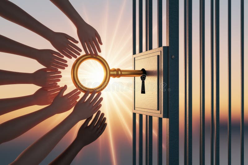 Hands Reaching for a Golden Key Unlocking a Gate at Sunset Stock ...