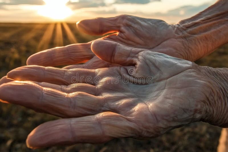 Hands Reaching for the Golden Light at Sunset. Generative AI Stock ...