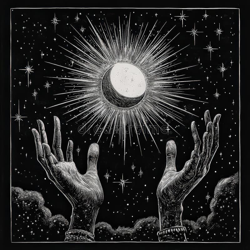 Hands Reaching for Moonlight with Radiant Starburst Background Stock ...