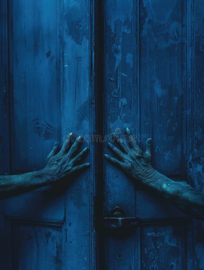 Hands Reaching Out through Blue Door Stock Image - Image of connection ...