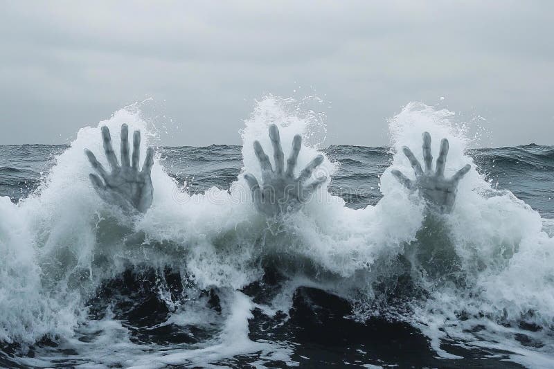Hands Reaching Out from the Ocean Waves during Twilight, Symbolizing ...