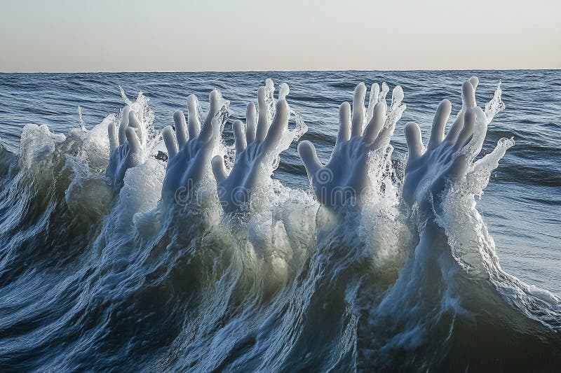 Hands Reaching Out from the Ocean Waves during Twilight, Symbolizing ...