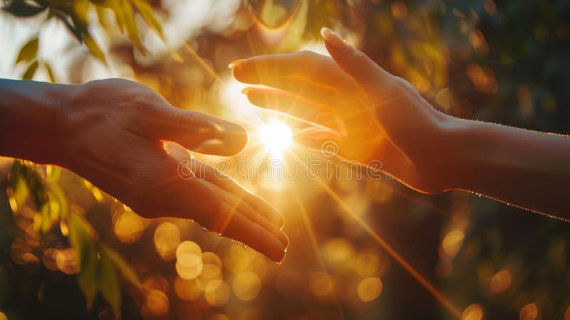 Hands Reaching Out at Sunset.AI Generated Image Stock Photo - Image of ...