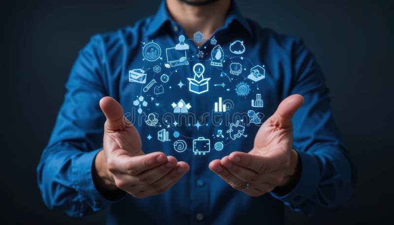 Hands Reaching Out To Digital Icons Representing Technology, Innovation ...