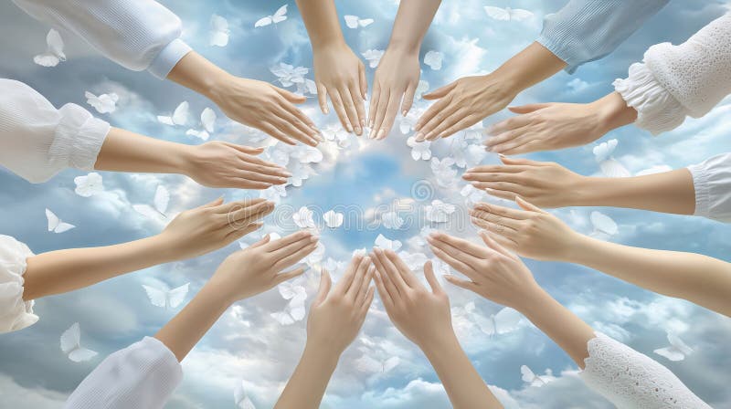 Hands Reaching Towards a Bright Sky Surrounded by Petals Depicting ...