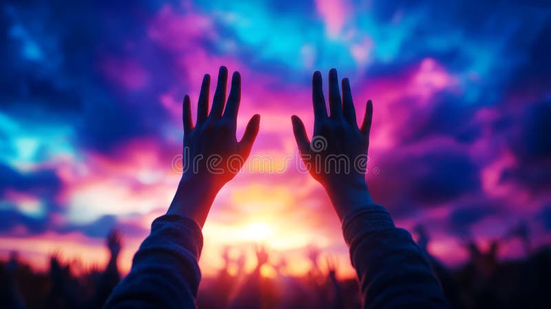 Hands Reaching Towards Colorful Sunset with Vibrant Sky and Dramatic ...