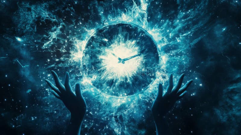 Hands Reaching Towards a Glowing Clock in a Starry Sky Stock ...