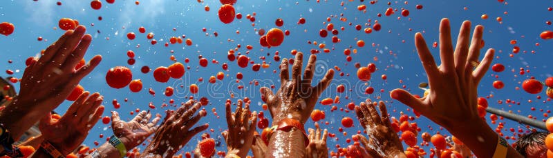 Hands Reaching Up Towards a Sky Filled with Falling Red Objects Stock ...