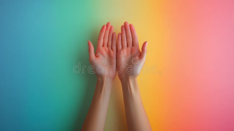 Hands Reaching Upwards Against a Colorful Gradient Background Stock ...