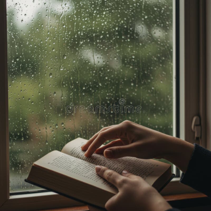Hands Reading a Book by a Rainy Window Stock Illustration ...