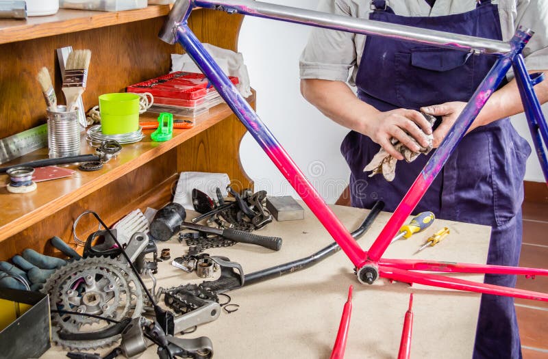 Hands of Real Bicycle Mechanic Cleaning Frame Bike Stock Photo - Image ...