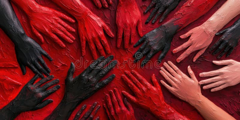 Hands in Red, Black, and Beige, a Study of Unity and Contrast Stock ...