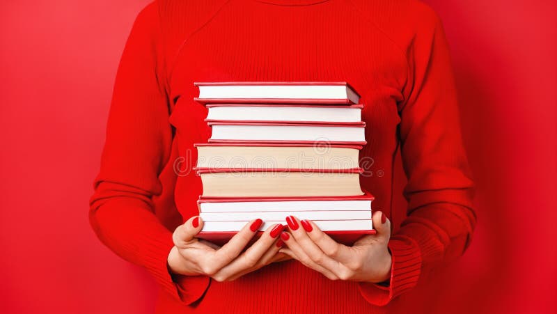 Hands with Red Manicure Holding Old Books Stack Over Red Background ...