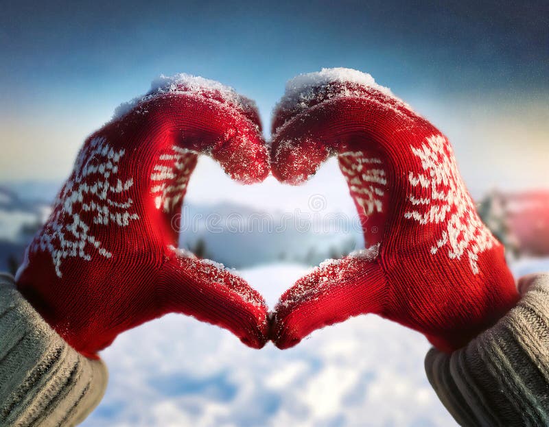 Hands in Red Mittens Forming a Heart Shape in the Snow Stock ...