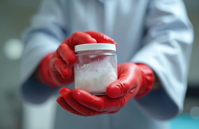 Hands Red Protective Gloves Hold a Small Transparent Container with ...