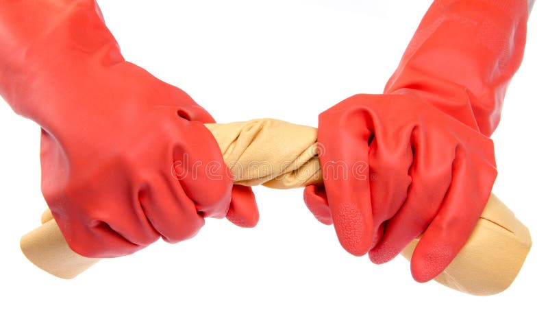 Hands in Red Rubber Gloves Wringing a Cloth Stock Photo - Image of ...