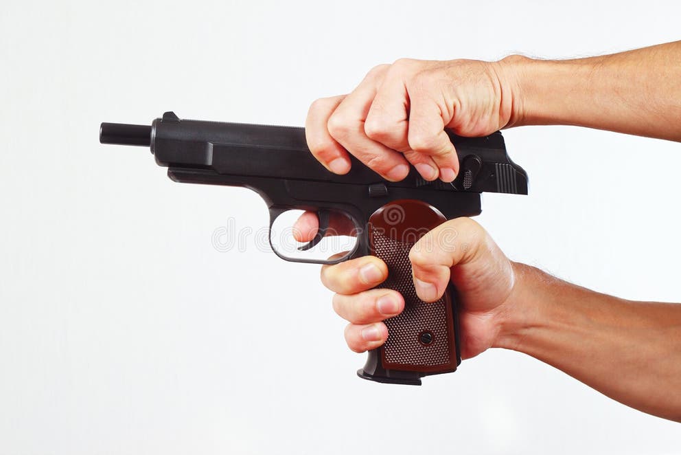 Hands Reload Gun on White Background Stock Photo - Image of hand ...