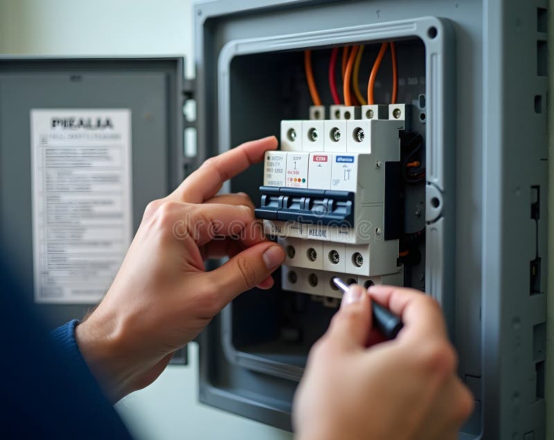 Hands Repairing an Electrical Panel with a Screwdriver and Circuit ...