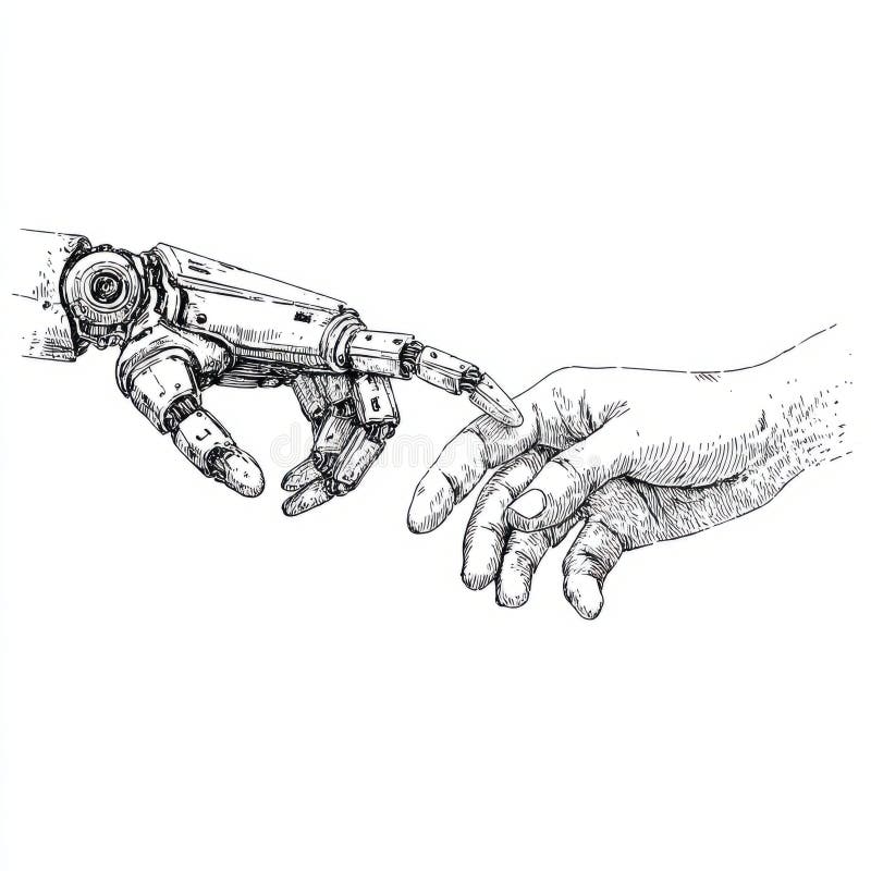 Hands of Robot and Human Hands Touching in Stock Illustration ...