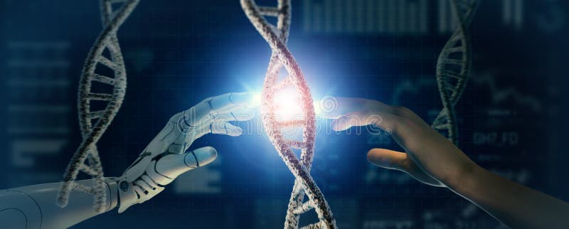 Robot And Human Hands Are Touching A Dna Chain Unity Between Human And