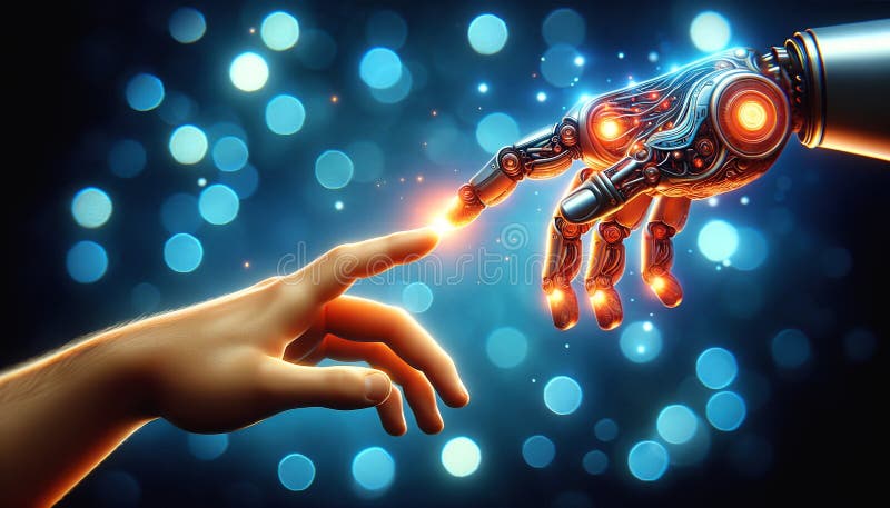 Hands of Robot and Human Touching on Stock Background. Science and Artificial Intelligence ...