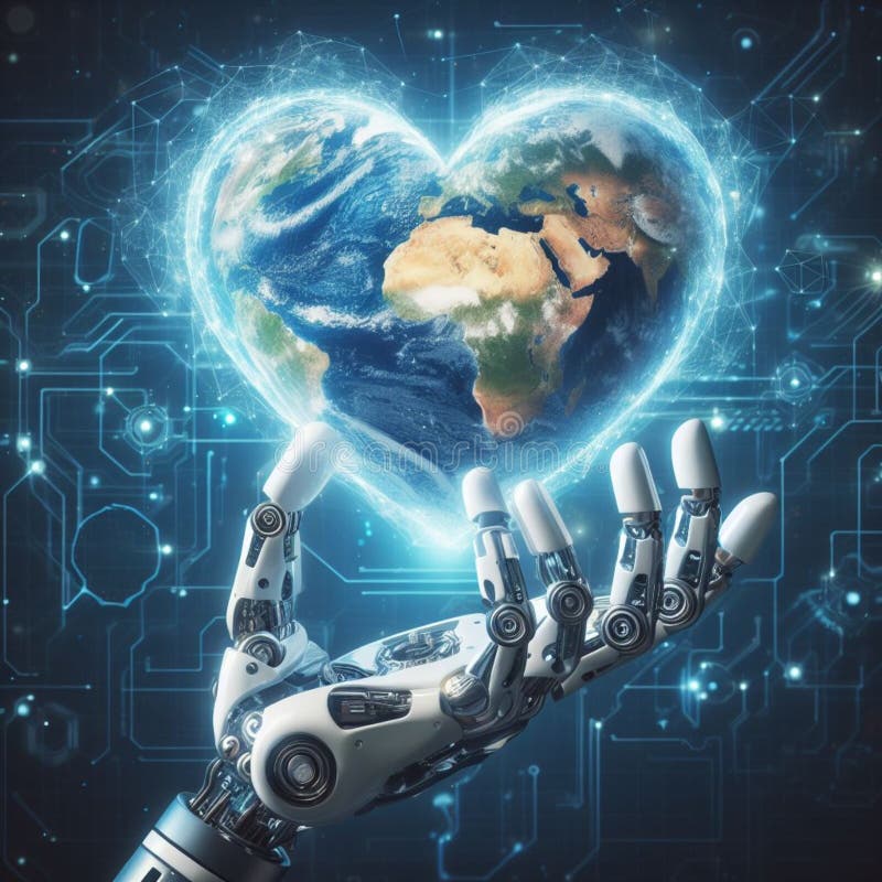 Robot Keeps the Earth. Planet in Hands at High Technology. Conceptual ...