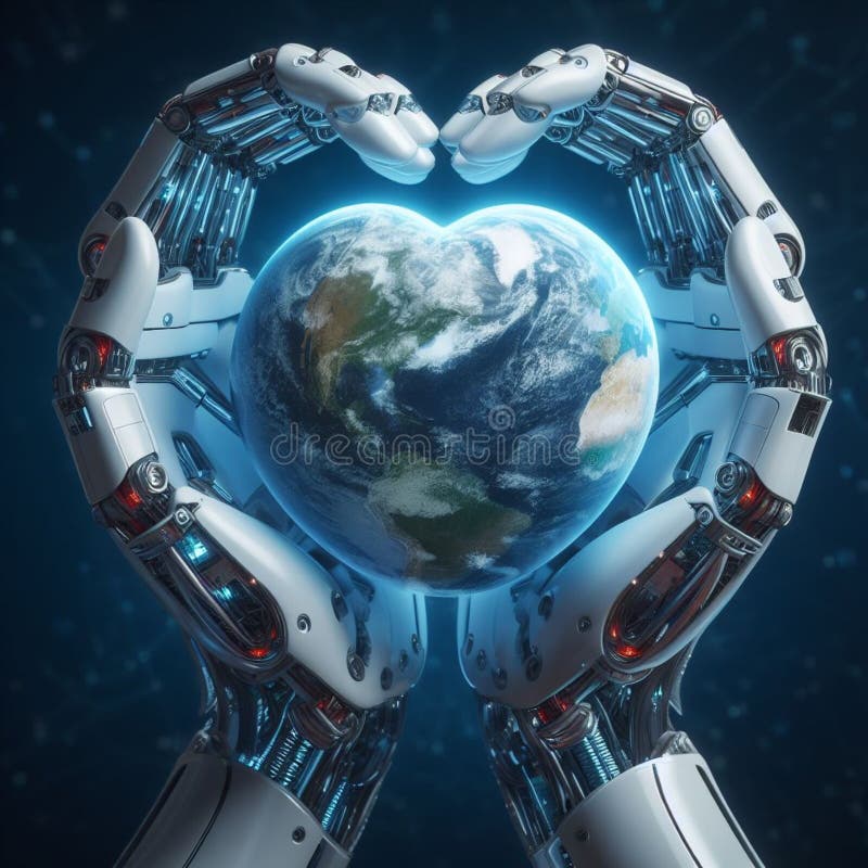 Robot Keeps the Earth. Planet in Hands at High Technology. Conceptual ...