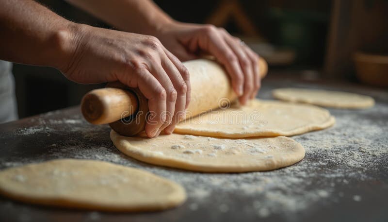 Hands Roll Out Chapati Dough into Thin Round Shapes Dusted with Flour ...