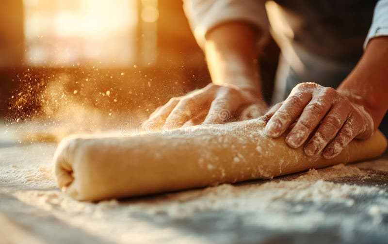 Hands Rolling Dough with Flour Dust Flying in Warm Sunlight, Capturing ...