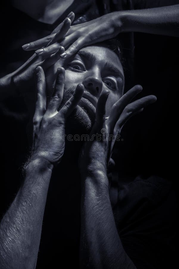 Hands Roughly Touching Man S Head Stock Photo - Image of white, black ...