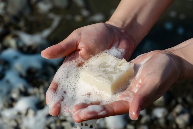 Hands Rubbing Solid Shampoo Bar To Create Foam on Hands Stock Photo ...